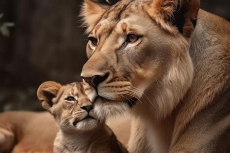 Premium Photo Lioness And Her Cub Are On A Dark Background