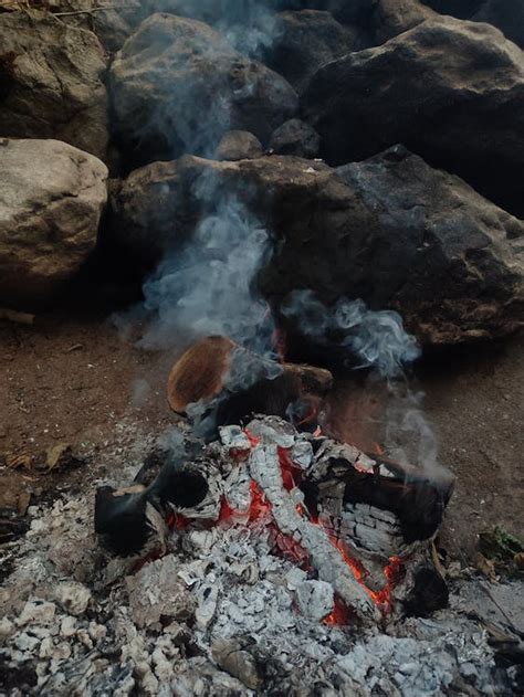 검게 탐 경치 경치가 좋은 광야 광야 생활 나무 담배를 피우다 때 락 러스틱 바위 불 불 빛 불꽃 불씨 불씨가 빛나다 생존 숯 야생 야외