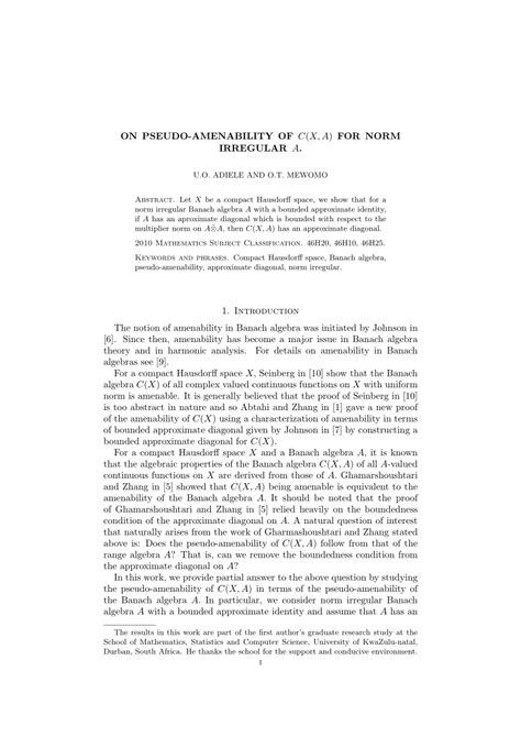 Pdf On Pseudo Amenability Of Cx A For Norm Irregular A