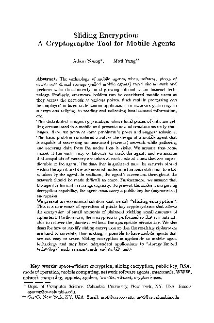 Pdf Sliding Encryption A Cryptographic Tool For Mobile Agents Adam