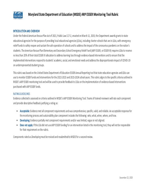 Fillable Online Arp Esser Monitoring Tool Rubric Fax Email Print