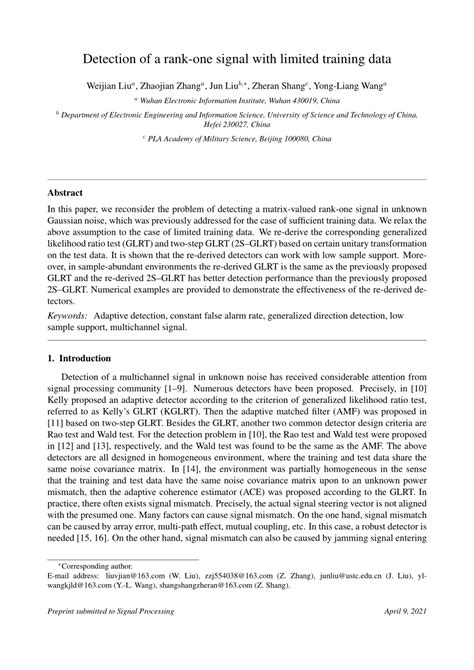 Pdf Detection Of A Rank One Signal With Limited Training Data