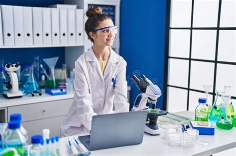 Adorable Girl Scientist Using Laptop Working At Laboratory Stock Image Image Of Worker Smile