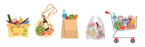 음식이 있는 쇼핑백 식료품 구매 종이 패키지 플라스틱 또는 에코 백 전체 트롤리 및 제품이있는 바구니 음식 플랫 벡터 만화 세트 구매 벡터에 대한 스톡 벡터 아트 및 기타