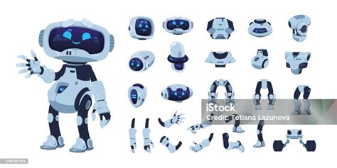 2204m10i022n020pc301741656662 로봇 애니메이션 세트 인공 지능을 가진 만화 안드로이드 캐릭터 다양한 머리 다리 팔과 몸 벡터 귀여운 미래 로봇 로봇에