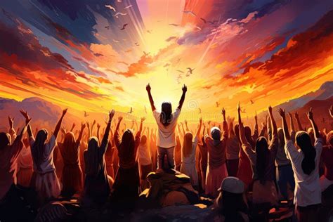 Big Group Of People Praise And Worship God With Raised Arms Stock