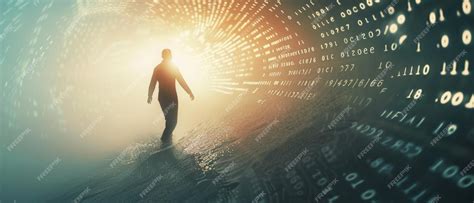 Premium Photo A Man Walks Into A Tunnel Made Of Digital Binary Code Symbolizing Futuristic