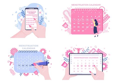 월경 기간 달력 여성은 날짜 주기 그림을 확인합니다 프리미엄 벡터