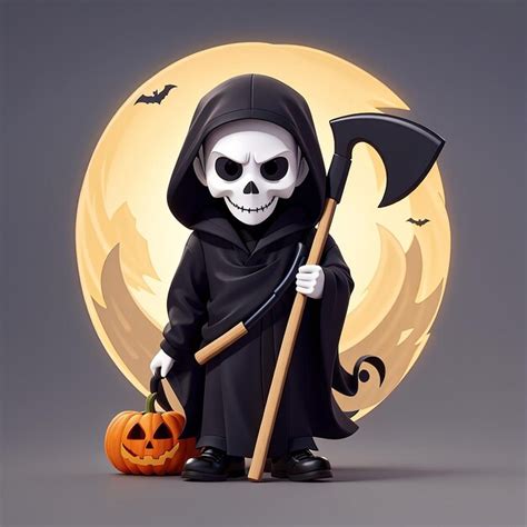 Premium Photo Cute Grim Reaper Holding Scythe Cartoon Vector Icon Illustration Halloween