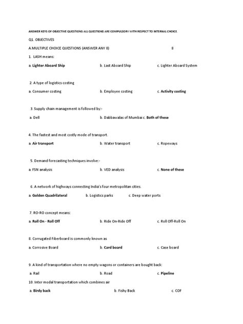 Answer Keys For Logistics Sem 2 Pdf Pdf Logistics Warehouse