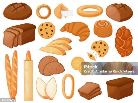 벡터 브레드 세트 빵 쿠키 샬라 크로와상 베이글 프렌치 바게트 칸투치 디자인 메뉴 베이커리에 대한 삽화 만화 빵 바게트에 대한