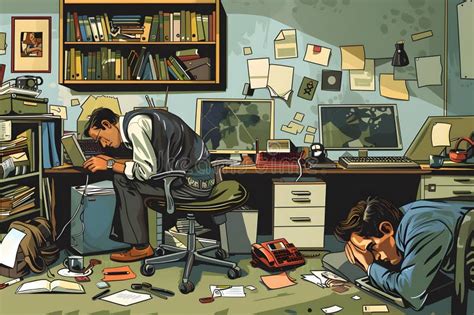 Overworked Office Workers Exhausted From Labor Desk Job Fatigue And Stress Amidst Cluttered