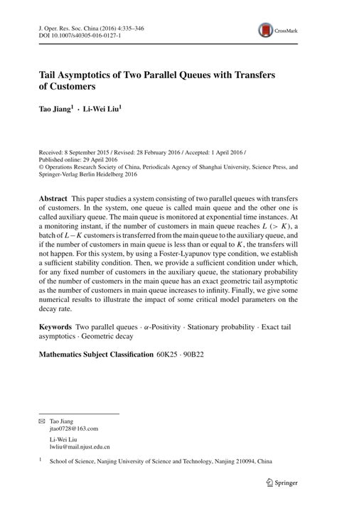 Pdf Tail Asymptotics Of Two Parallel Queues With Transfers Of Customers