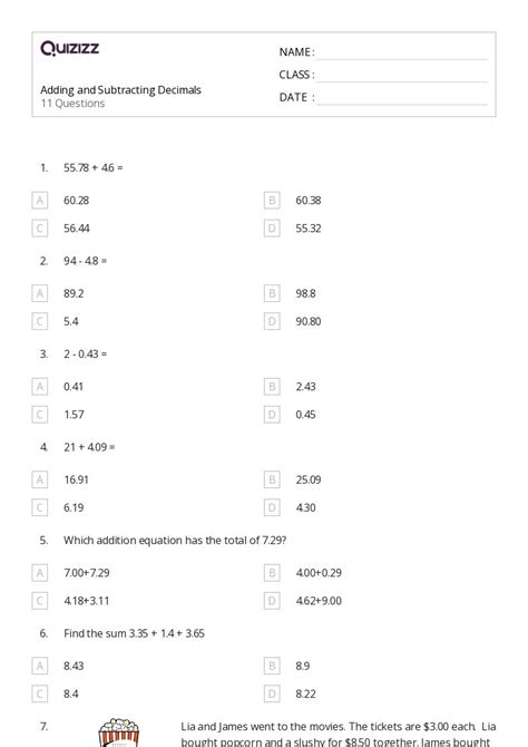 50 Subtracting Decimals Worksheets On Quizizz Free And Printable