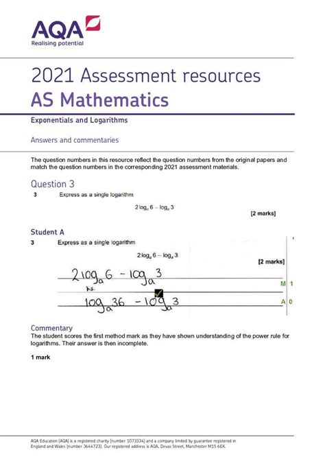 aqa 2021 assessment resources as mathematics exponentials and logarithms answers and
