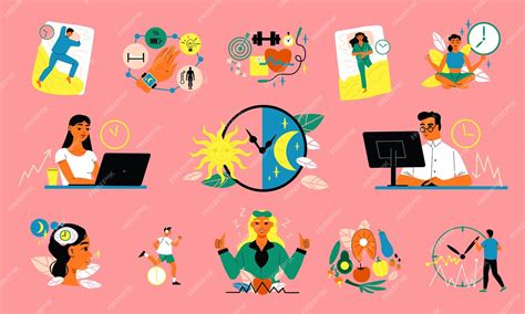 건강한 사람들은 수면과 각성 기호 평면 벡터 일러스트와 함께 설정된 일주기 리듬 색상 무료 벡터