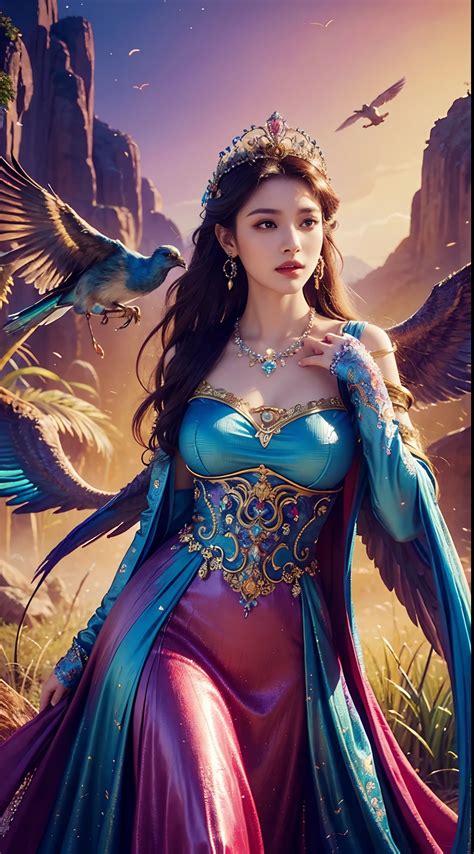 파란 드레스를 입은 여자와 사막의 새 Seaart Ai