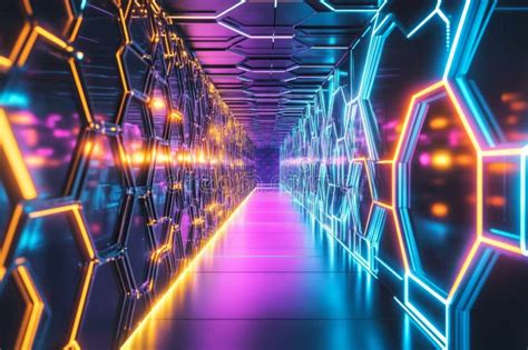 A Neon Lit Hexagonal Tunnel In A 3d Cyber City Where Glowing Digital Panels Stretch Endlessly