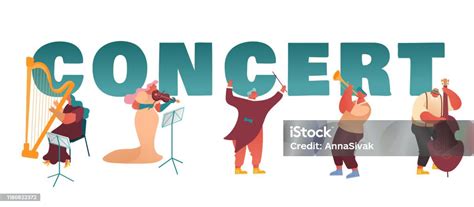 클래식 기악 교향악단 콘서트 바이올린 첼로 트럼펫 하프 퍼포먼스와 함께 무대에서 악기로 음악을 연주하는 사람들 뮤지션 캐릭터 플랫 벡터 일러스트레이션 Classical