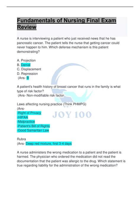 Final Exam Fundamentals Of Nursing Final Exam Review Questions And Answers Updated Solution