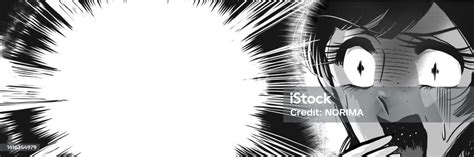 70년대 쇼조 만화 스타일로 창백한 얼굴과 하얀 눈을 가진 겁에 질린 아름다운 여인의 흑백 와이드 사이즈 일러스트레이션 걱정하는에 대한 스톡 벡터 아트 및 기타 이미지