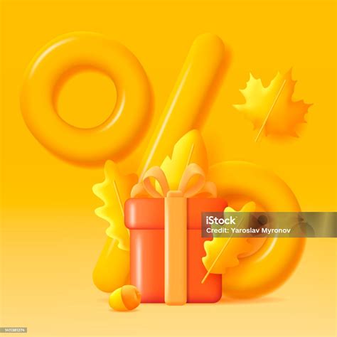 참나무의 가을 잎과 도토리가있는 단풍 나무와 배경에 큰 부피 퍼센트 기호로 둘러싸인 선물 상자의 3d 그림이있는 가을 구성 가을에 대한 스톡 벡터 아트 및 기타 이미지