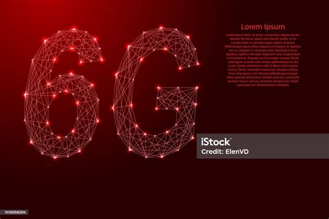 미래 기술 네트워크 무선 시스템 고속 모바일 인터넷의 6g 개념 미래 지향적 인 다각형 빨간색 선과 배너 포스터 인사말 카드를위한 빛나는 별에서 벡터 일러스트레이션 0명에