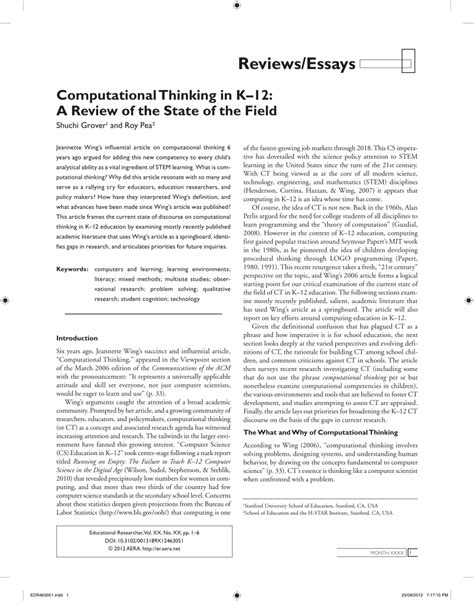 Pdf Computational Thinking In K12 A Review Of The State Of The Field