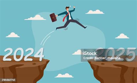 2025년 새해 복 많이 받으시고 사업 성공을 기원합니다 성취 진전 비즈니스 프레젠테이션에서의 경력 성공의 개념 사업가 서류 가방으로 2024년의 격차에서 2025년의