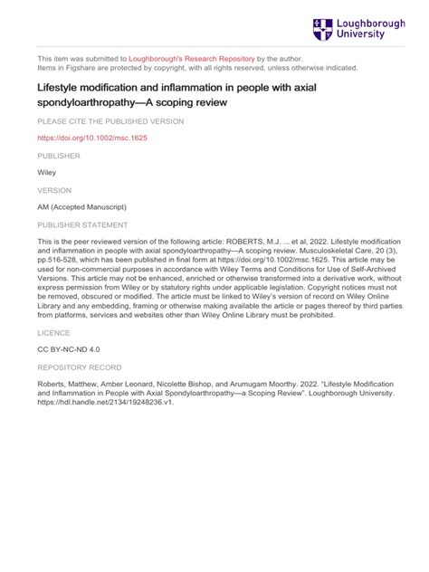 Roberts Et Al Lifestyle Modfication And Inflammation In People With As