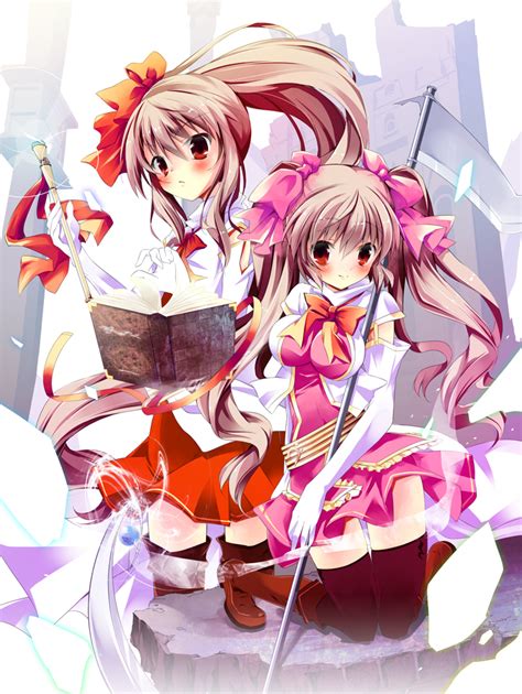 Safebooru Black Legwear Blush Book Boots Bow Breasts Brown Hair Duo