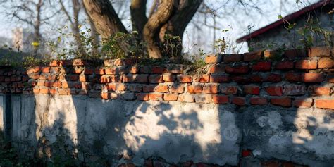 Sunlight Casts Shadows Across An Old Weathered Brick And Concrete Wall