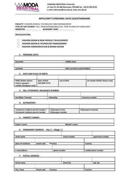 Applicants Personal Data Questionnaire Viamoda