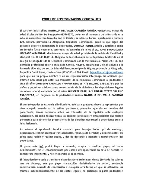 Poder De Representacion Y Cuota Litis Pdf Ley Común Gobierno