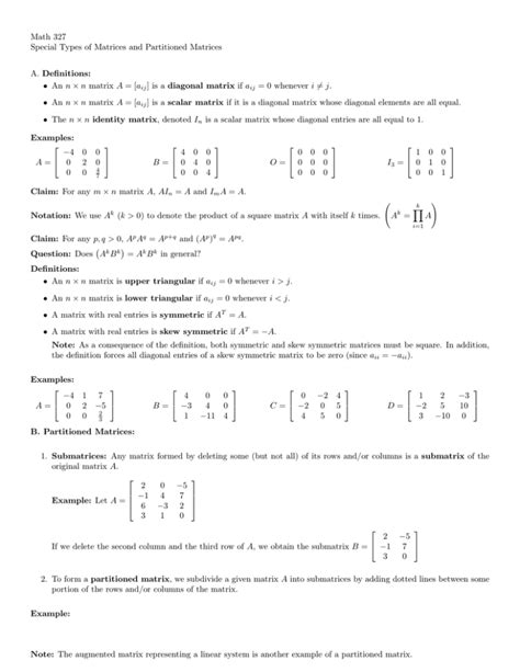 Math 327 Special Types Of Matrices And Partitioned Matrices A Definitions