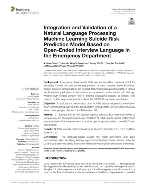 Pdf Integration And Validation Of A Natural Language Processing Machine Learning Suicide Risk