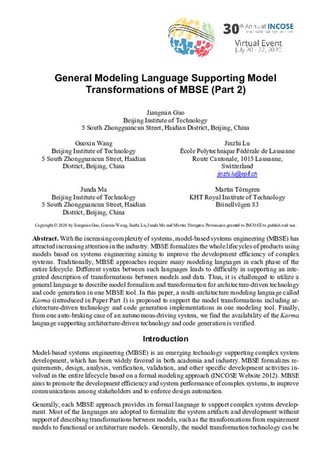 Pdf General Modeling Language Supporting Model Transformations Of Mbse Part 2