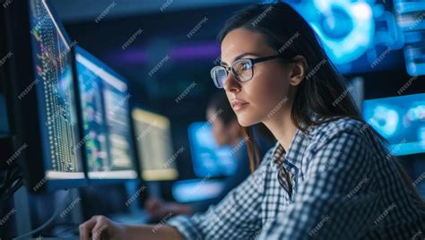 Premium Photo Young Female Programmer Coding At Night In Office