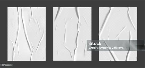 회색 배경에 젖은 투명 주름 효과가 있는 접착 용지 세트 구겨진 텍스처가 있는 흰색 젖은 종이 포스터 템플릿 세트 사실적인 벡터 포스터 모형 질감에 대한 스톡 벡터 아트 및