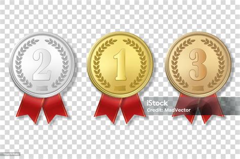 벡터 3d 사실적인 골드 실버 및 브론즈 상 메달 아이콘 설정 색상 리본 흰색 배경에 격리 첫 번째 두 번째 세 번째 장소 상금 스포츠 토너먼트 승리 컨셉 1위에 대한 스톡