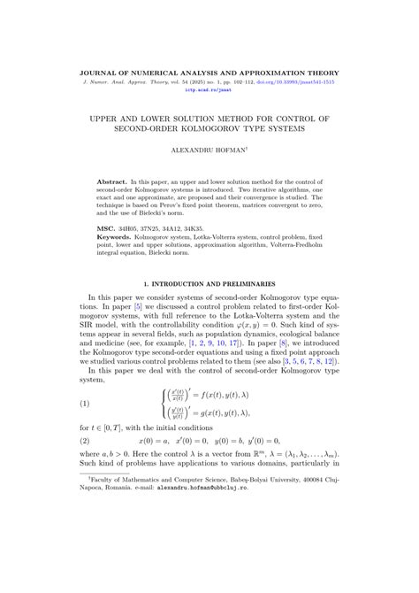 Pdf Upper And Lower Solution Method For Control Of Second Order Kolmogorov Type Systems