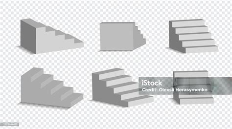 투명 한 배경에 격리 된 3d 흰색 계단의 집합입니다 건축 흰색 계단 흰색 배경에 고립 된 내부 그림에 대한 단계 컬렉션입니다 3차원 형태에 대한 스톡 벡터 아트 및 기타