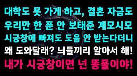 실화사연 대학도 못 가게 하고 결혼자금도 우리만 한 푼 안 보태준 계모시모 시궁창에 빠져도 도움 안 받는다더니 왜 도와달래