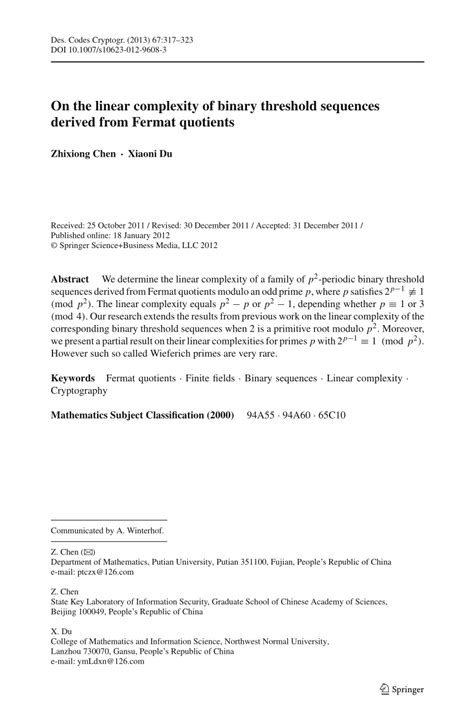 Pdf On The Linear Complexity Of Binary Threshold Sequences Derived