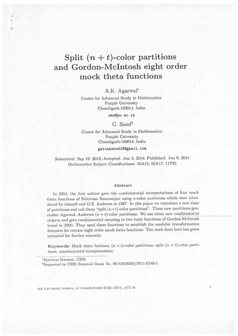 Pdf Split N T Color Partitions And Gordon Mcintosh Eight Order Mock Theta Functions