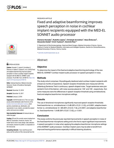 Pdf Fixed And Adaptive Beamforming Improves Speech Perception In Noise In Cochlear Implant