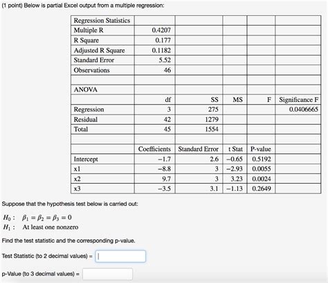 Solved 1 Point Below Is Partial Excel Output From A