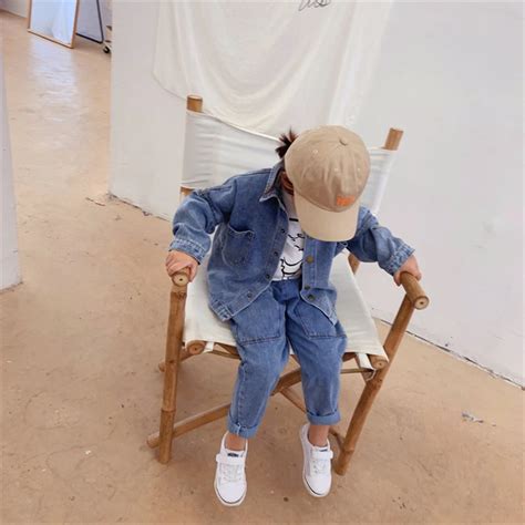 Комплекты детской одежды новые джинсовые маленькие девочки и мальчики куртка с двойным карманом