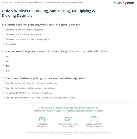 Quiz And Worksheet Adding Subtracting Multiplying And Dividing Worksheets Library