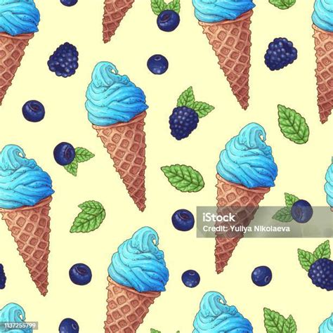 아이스크림 콘 벡터 일러스트 레이 션의 완벽 한 패턴입니다 스트로 베리 블루베리 아이스크림 0명에 대한 스톡 벡터 아트 및 기타 이미지 Istock